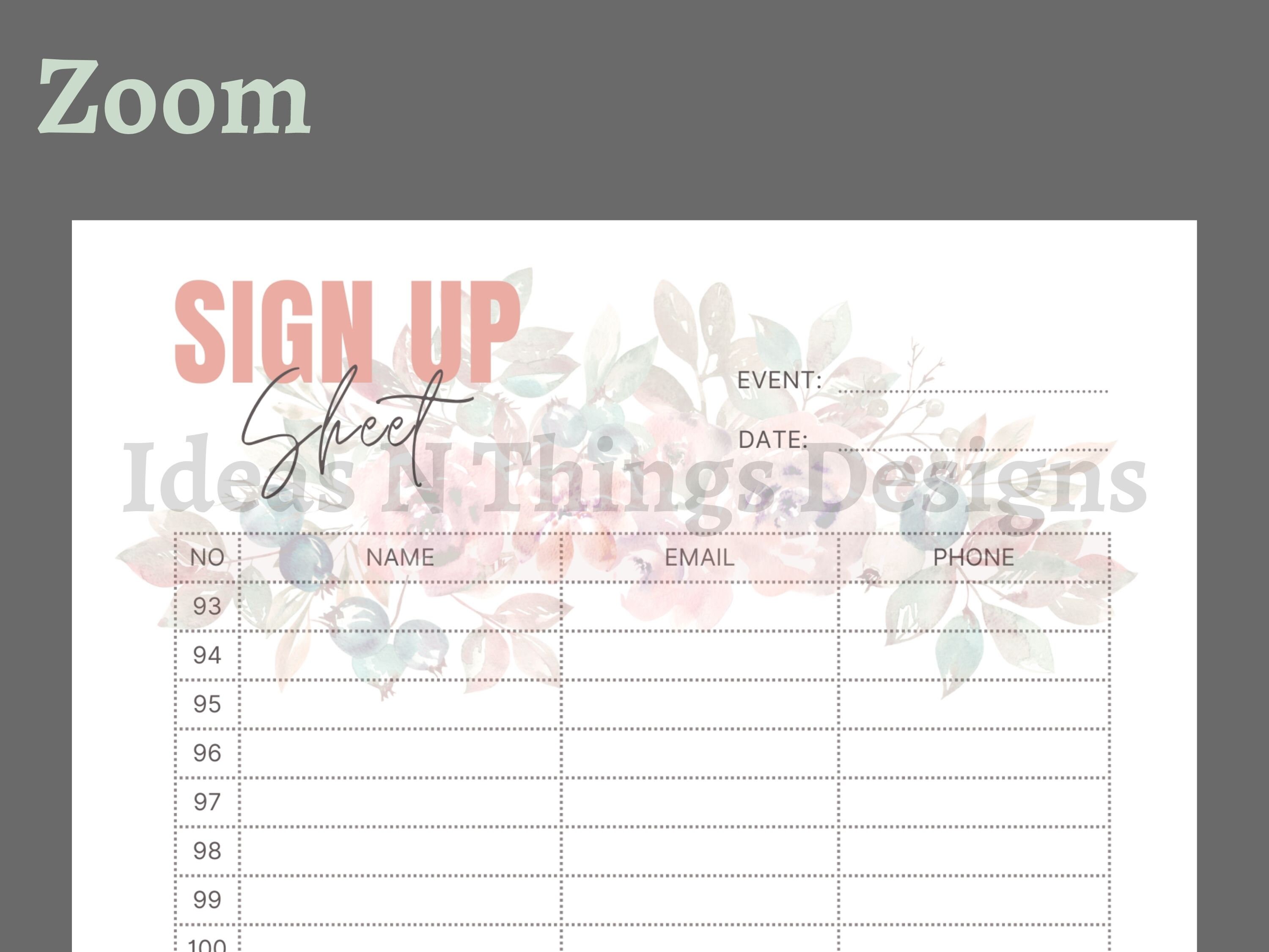 Sign up Sheet PDF for Contact and Attendance Instant Download, for ...
