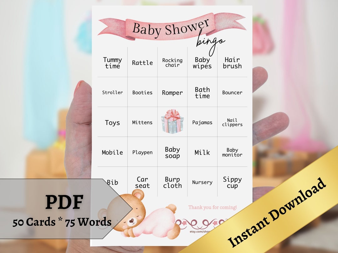 Printable Baby Shower Bingo Pink Teddy Bear Instant Download for Baby ...