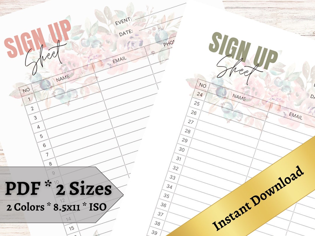Sign up Sheet PDF for Contact and Attendance Instant Download, for ...