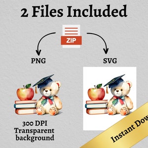 Graduation SVG and PNG Teddy Bear Cap Books Instant Download for ...