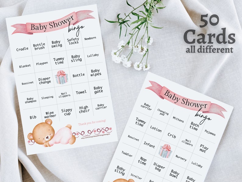 Printable Baby Shower Bingo Pink Teddy Bear Instant Download for Baby ...