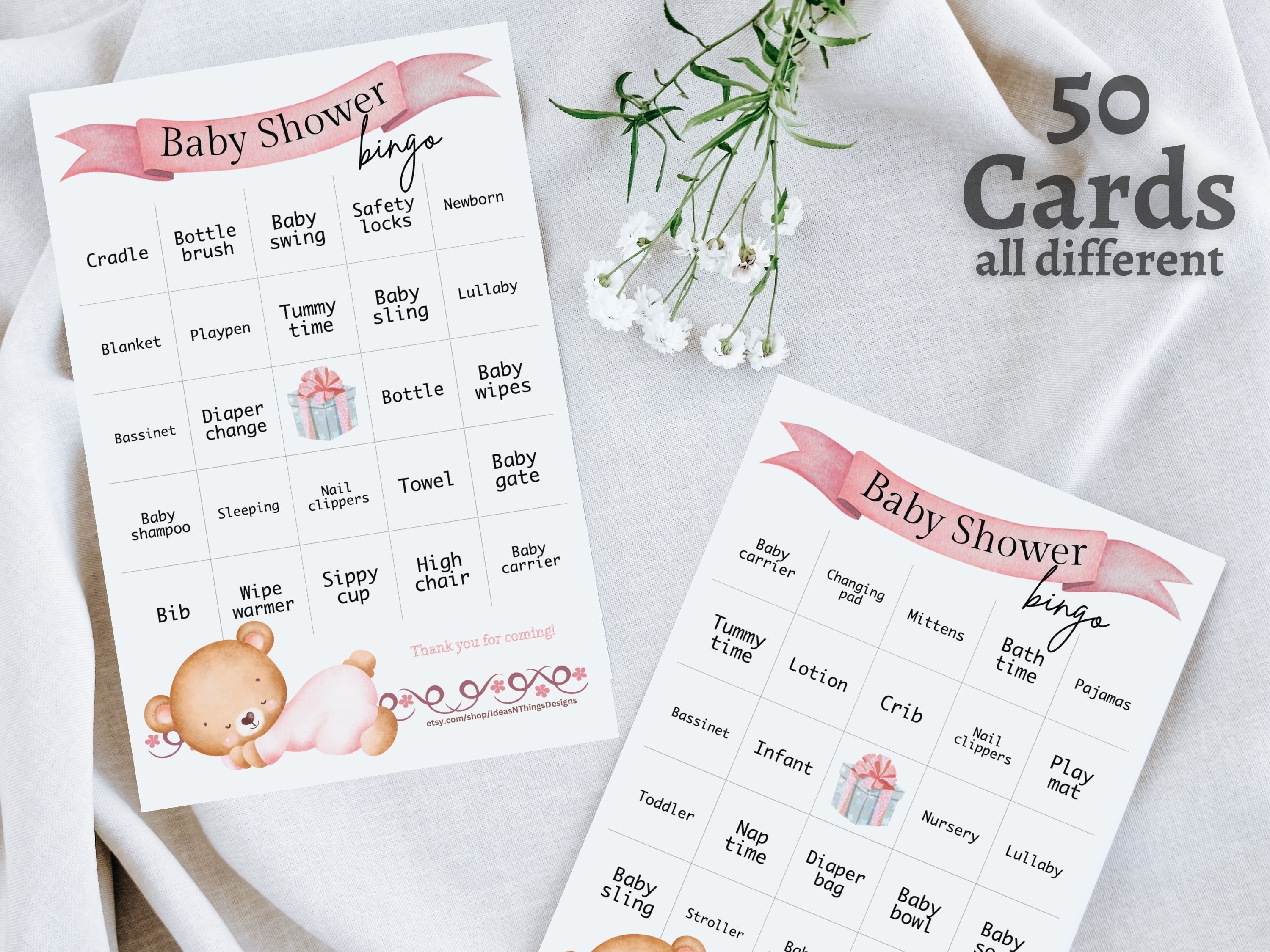 Printable Baby Shower Bingo Pink Teddy Bear Instant Download for Baby ...