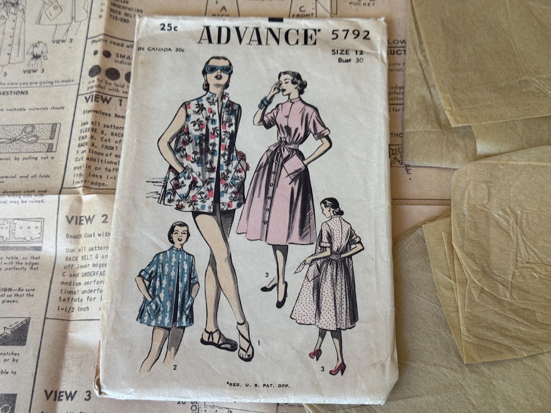 1950s Advance Sewing Pattern 5792: Beach Coat, Dress, Bust 30 (factory ...