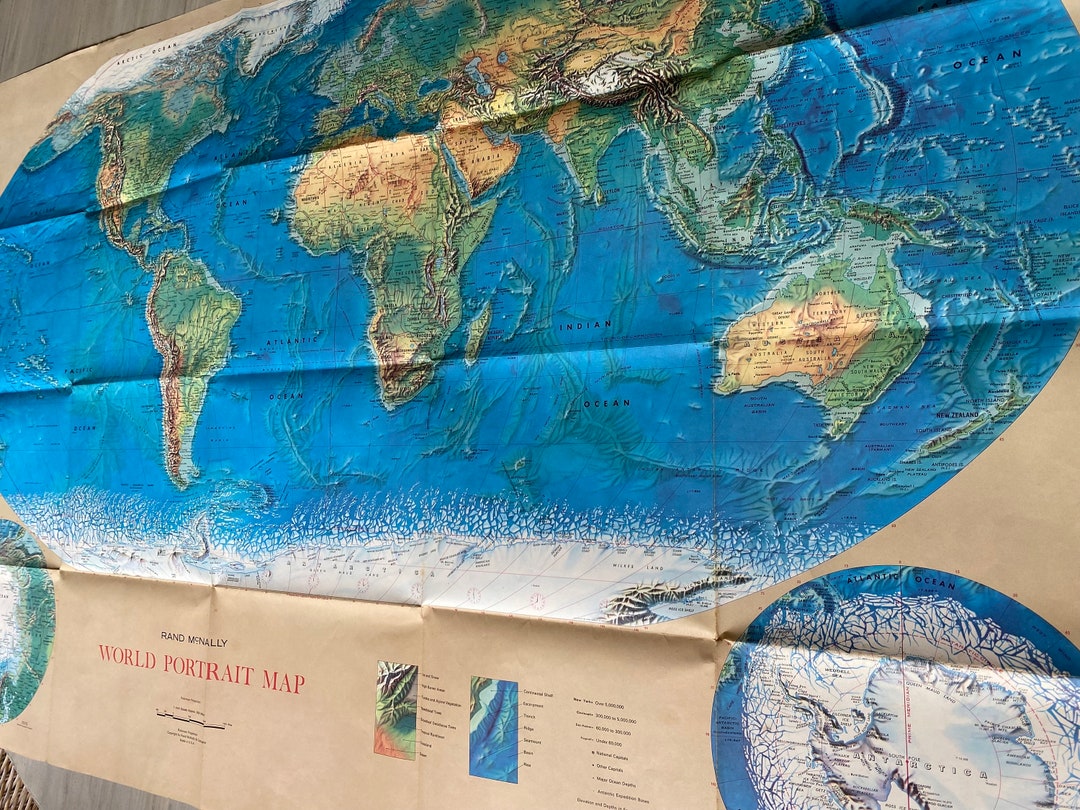 Vintage Rand Mcnally World Portrait Map, Robinson Projection 52" X 34 ...
