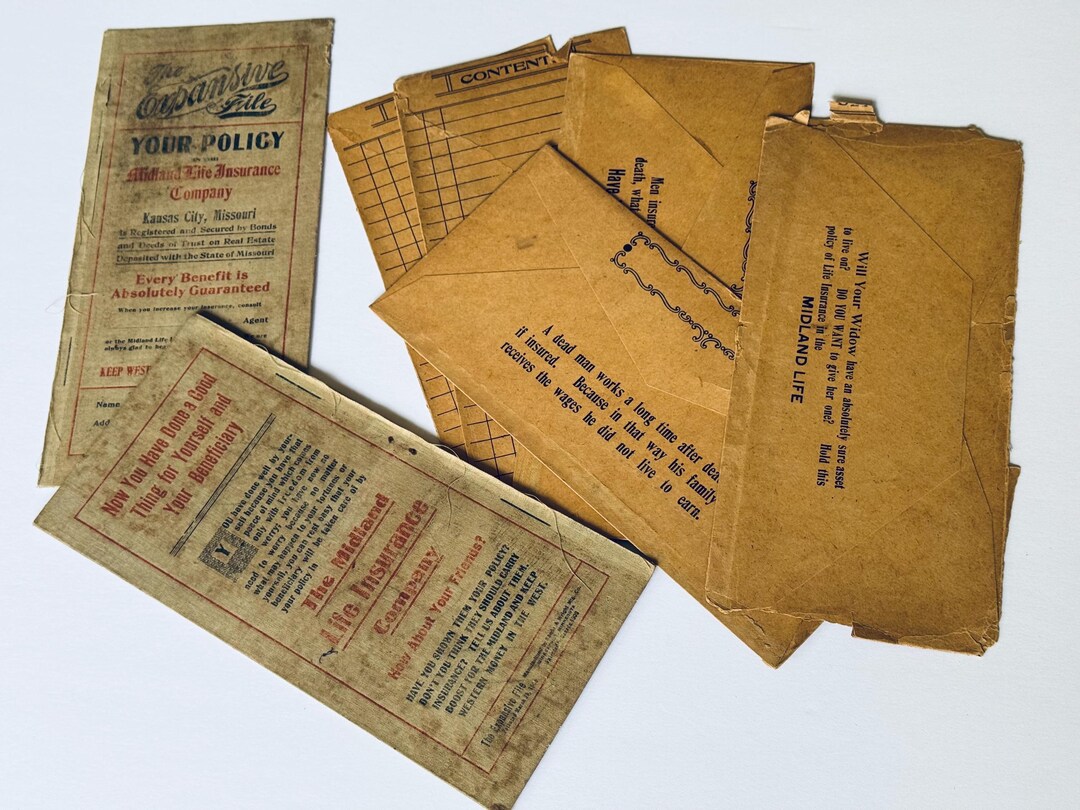 Antique Midland Life Insurance File, Ephemera Set, Paper Craft Supplies ...
