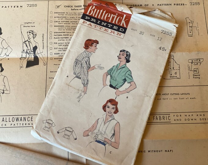 1950s Butterick Pattern 7255/wing Collar Blouse Size 12/vintage Blouse ...