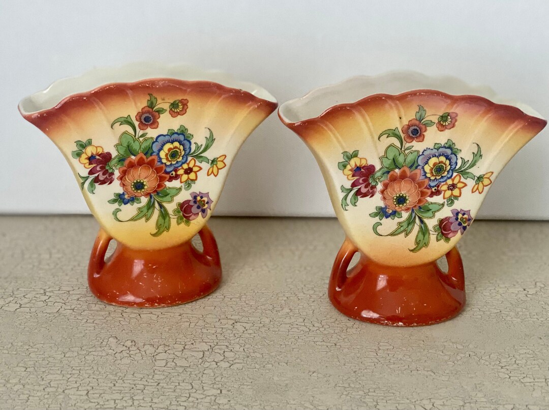 Vintage Fan Vase, Orange Base With Florals/czechoslovakian/ceramic ...