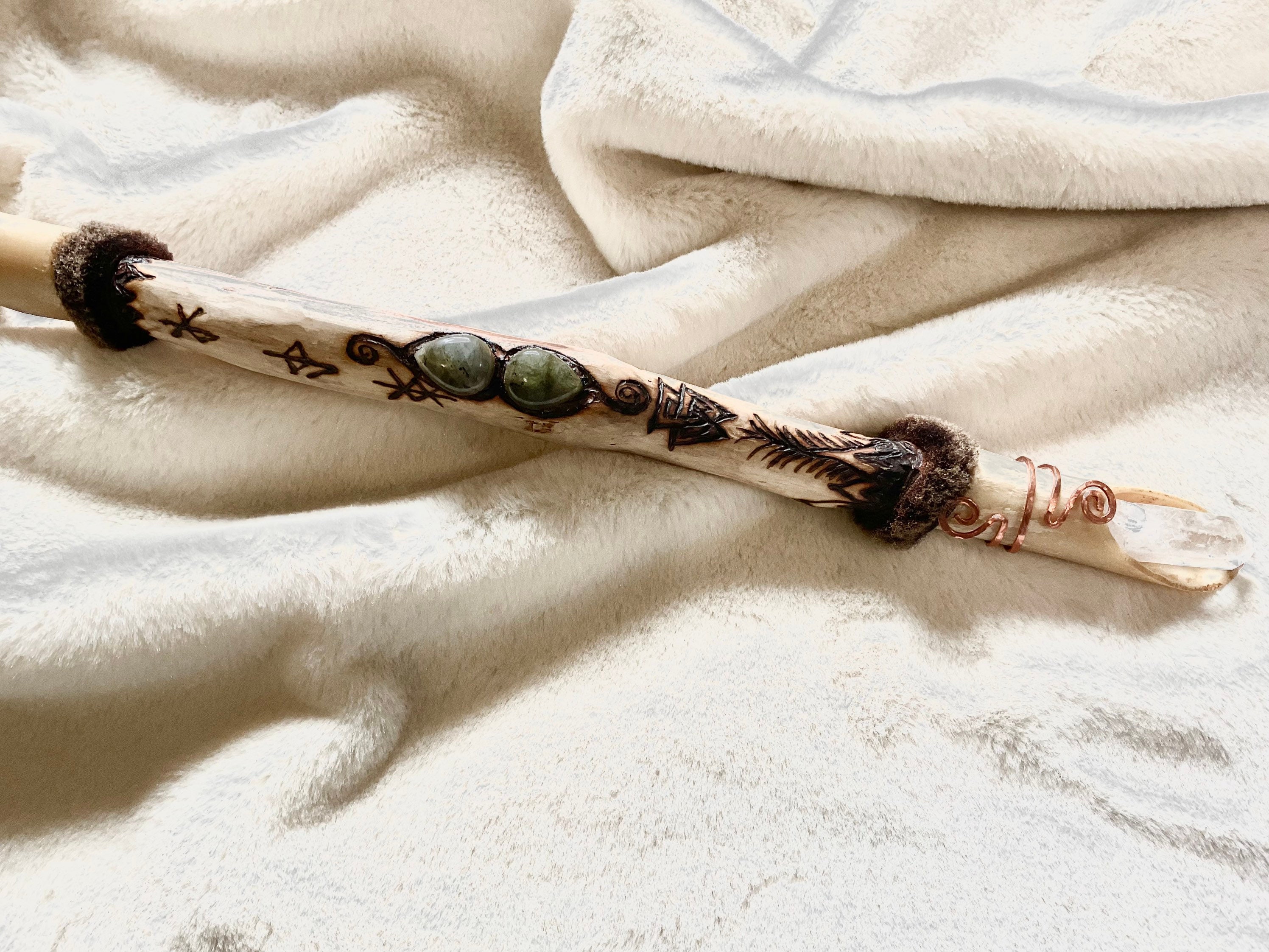 Oak Wood Wand, Hand Craved Pagan Wand With Gemstones, Alter Magic ...