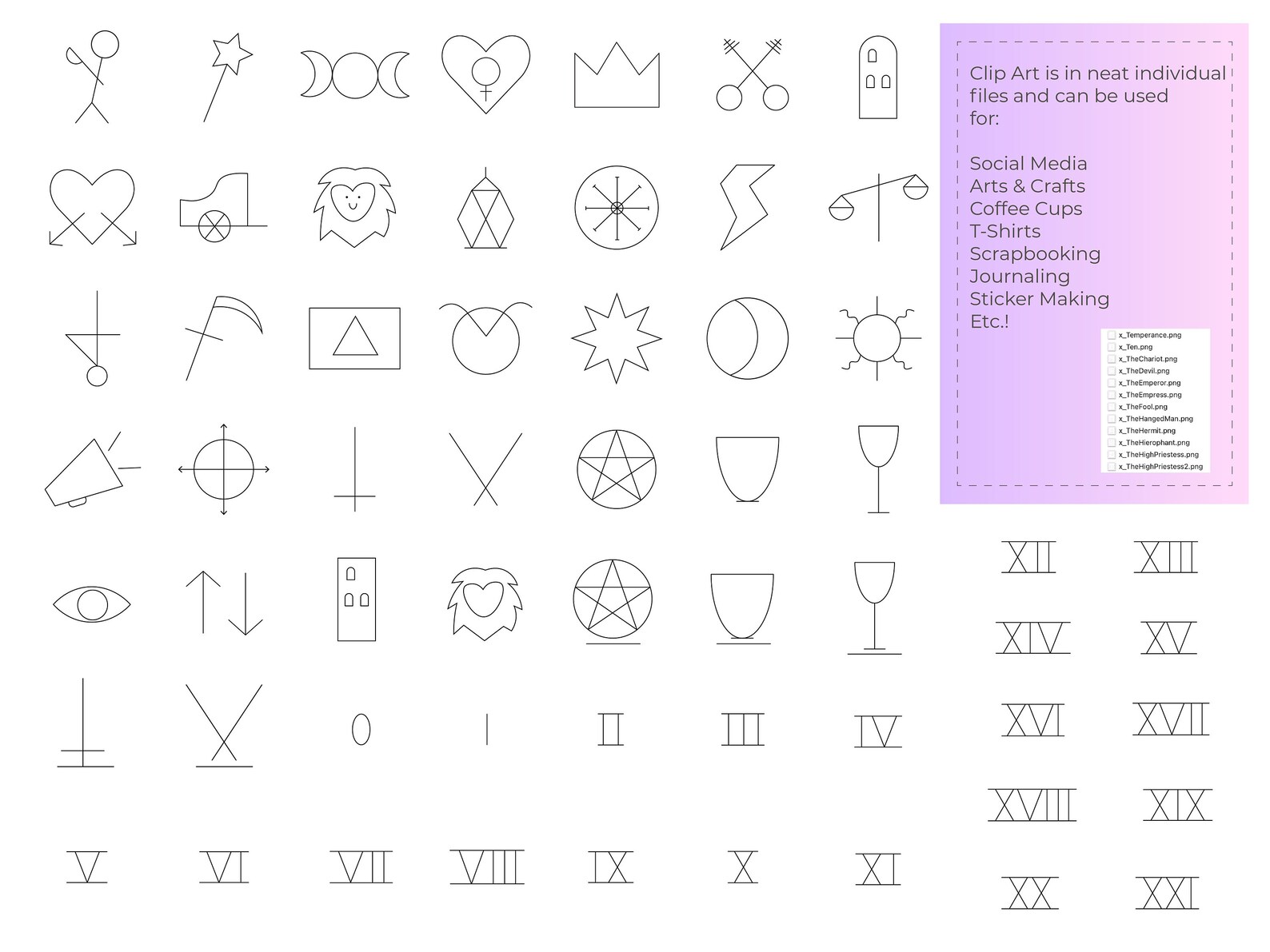 Tarot Symbols PNG Digital Art Roman Numerals Tarot Glyphs Tarot Planner ...