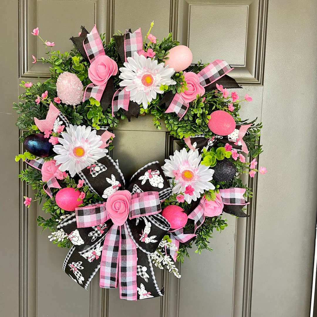 Spring Pink and Black Easter Wreath, Farmhouse Buffalo Plaid Easter ...