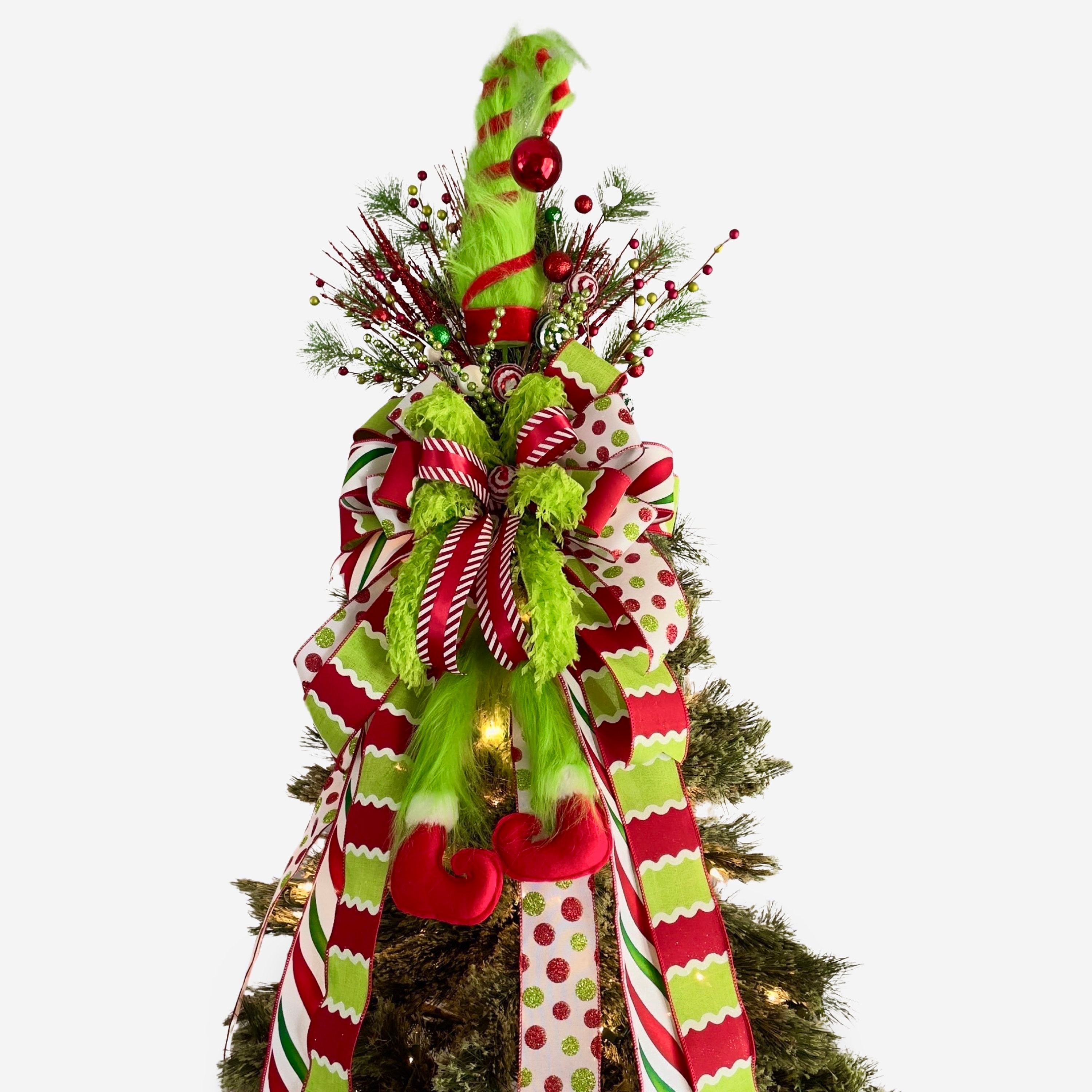 Whimsical Grinch Christmas Tree Topper Bow With Streamers, Tree Bow ...