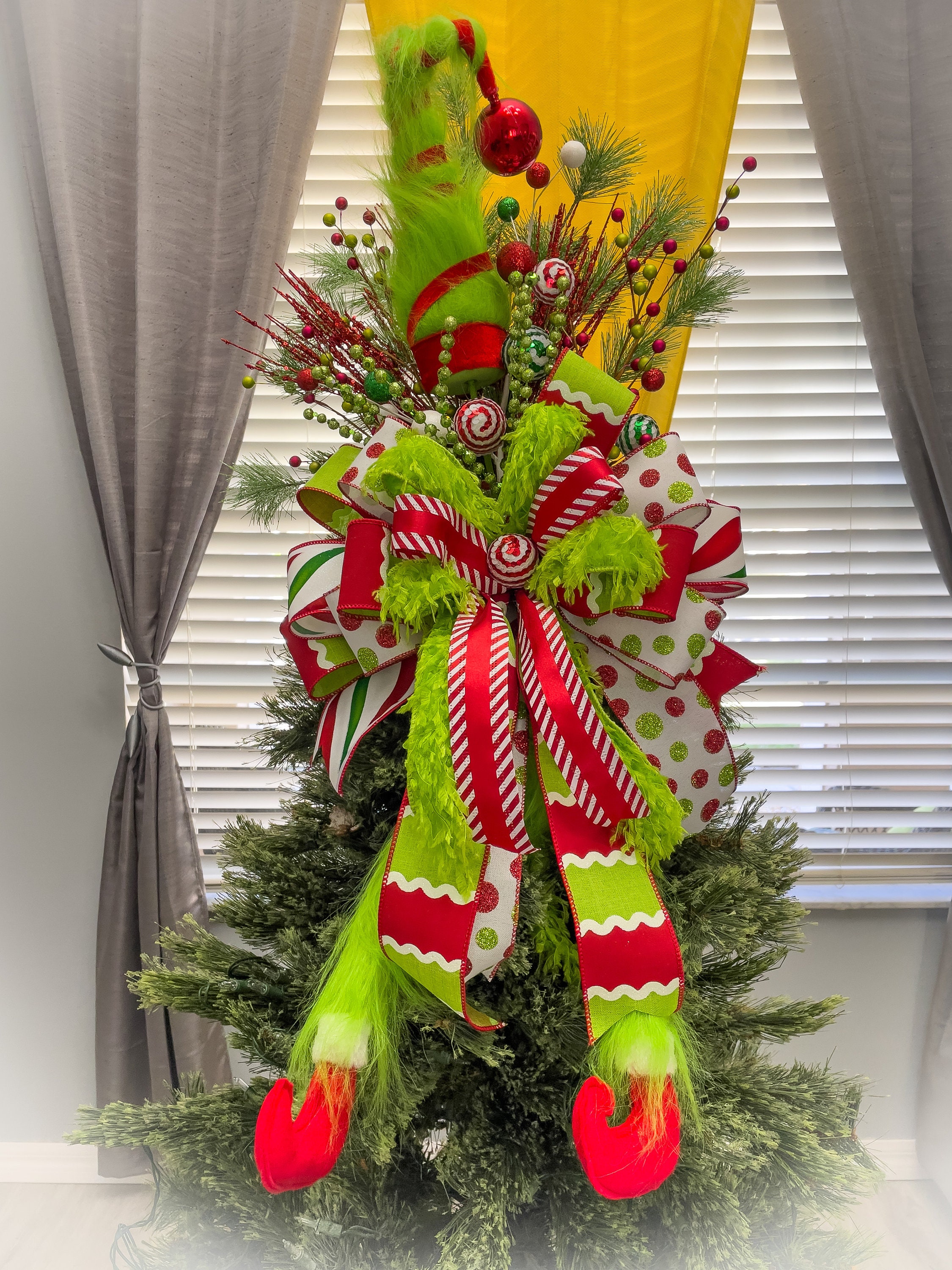 Whimsical Grinch Christmas Tree Topper Bow With Streamers, Tree Bow ...