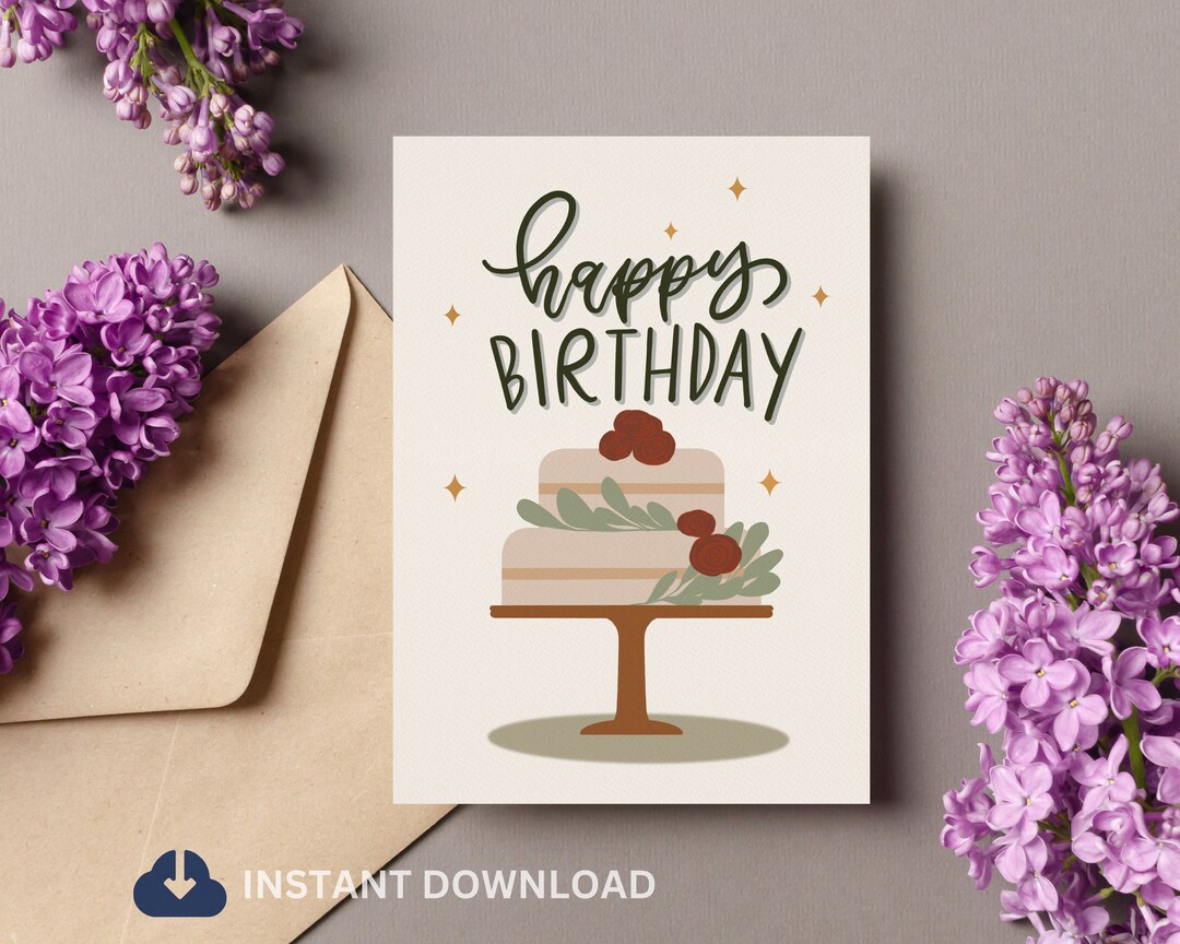 Printable Happy Birthday Cake Card | Friends Family Greeting Notecard ...