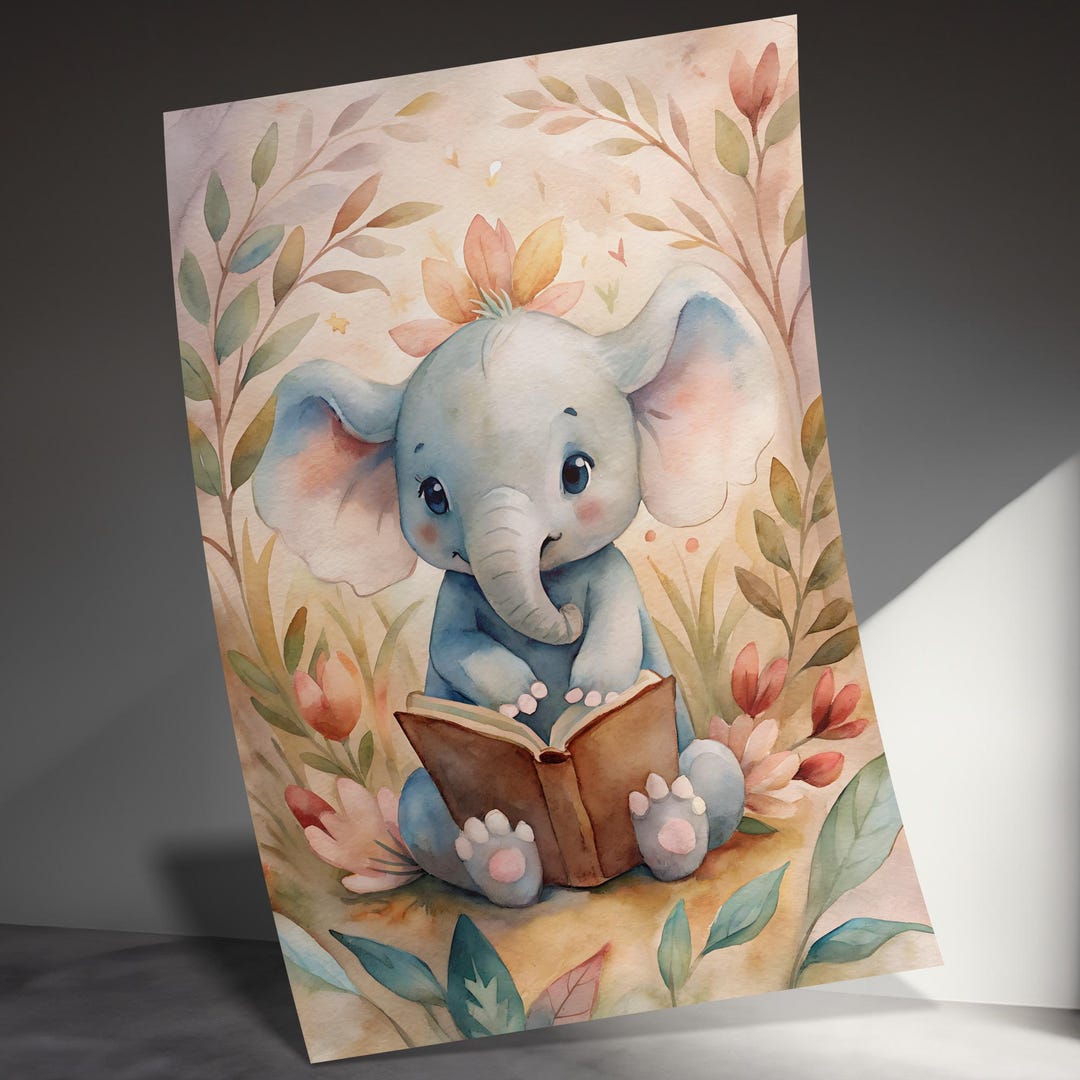 Cute Elephant Wall Art, Reading Book Print, Watercolor Nursery Decor ...