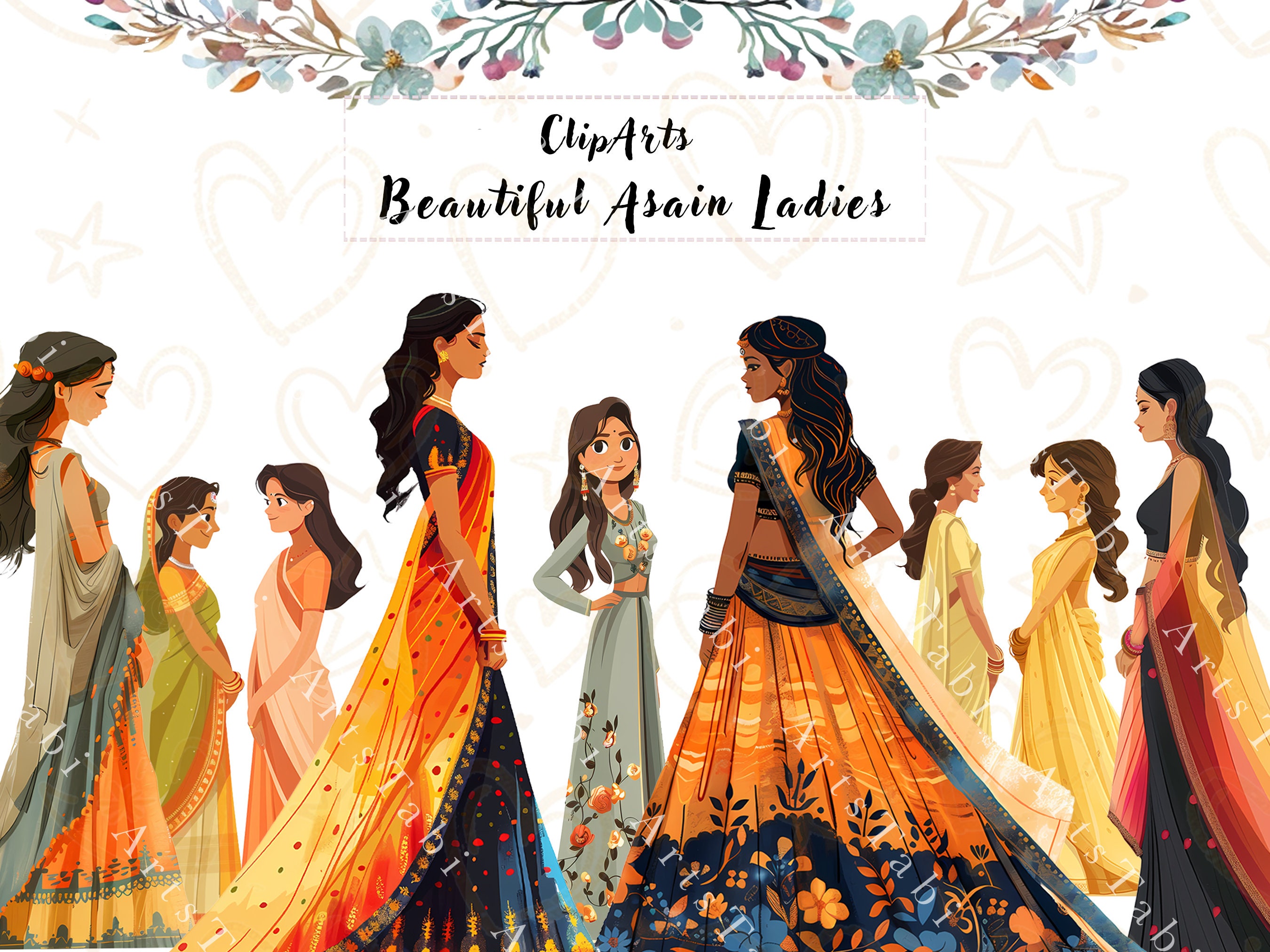Asian Women Clipart, Traditional Dress Illustrations (digital Download ...