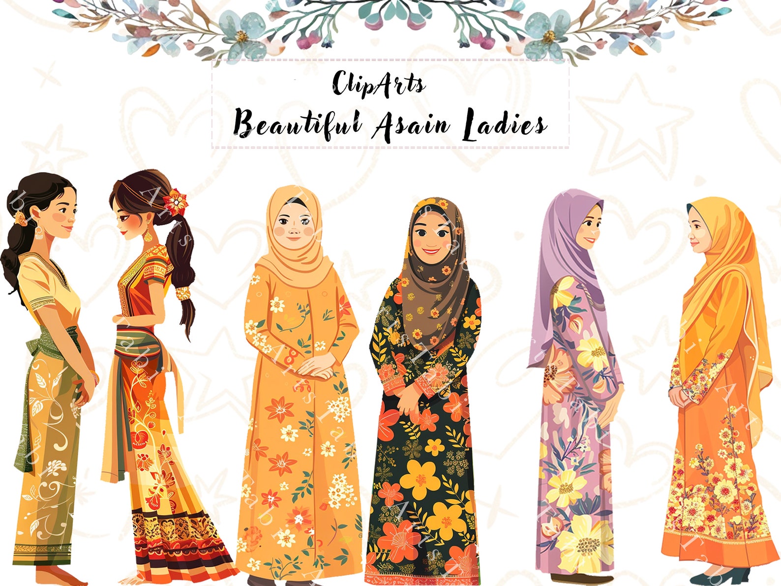 Asian Women Clipart, Traditional Dress Illustrations (digital Download ...