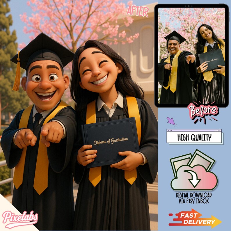 Pixar Style Graduation Portrait From Photo | Custom Cartoon Digital ...