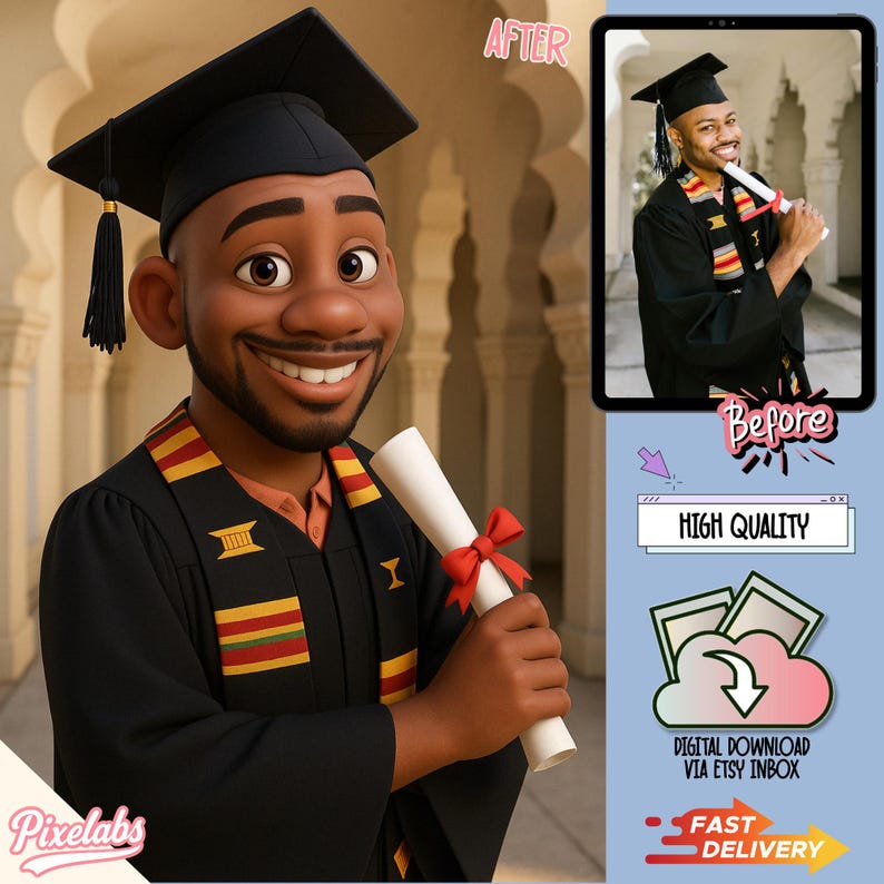 Pixar Style Graduation Portrait From Photo | Custom Cartoon Digital ...
