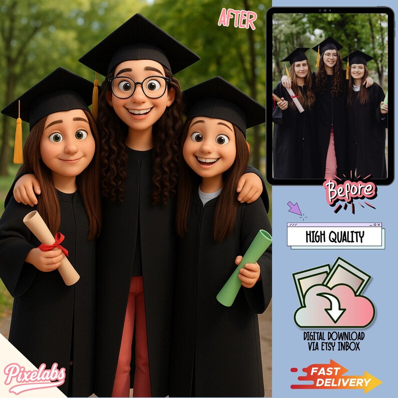 Pixar Style Graduation Portrait From Photo | Custom Cartoon Digital ...