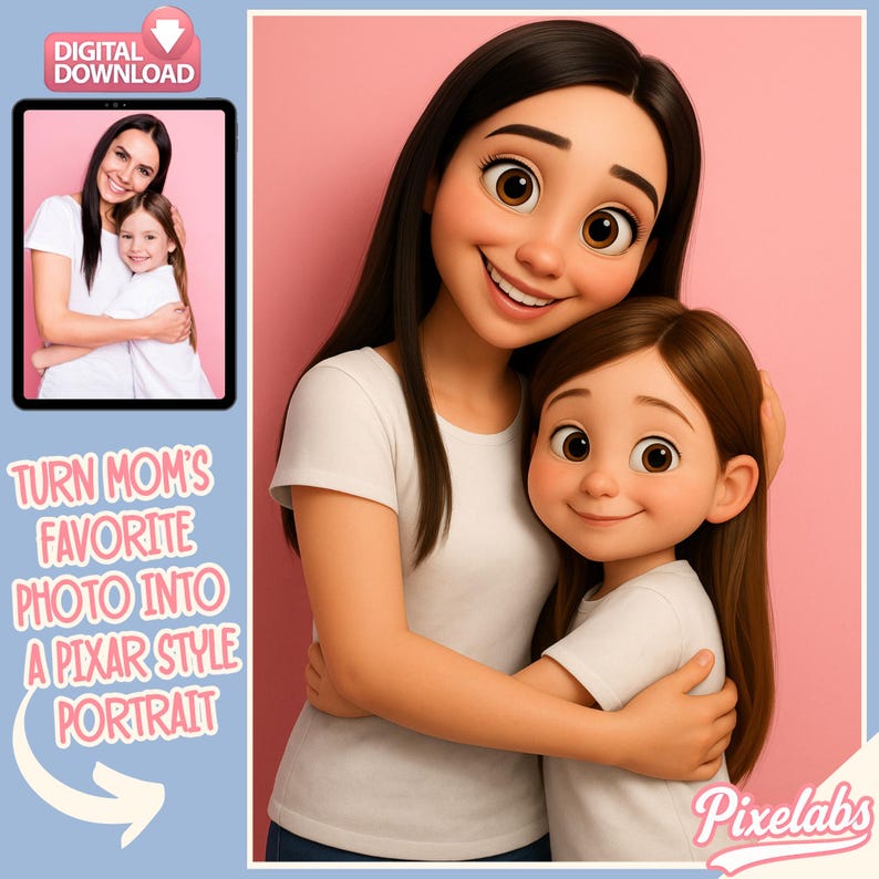 Custom Mom Cartoon Portrait | Pixar Style Family Drawing | Digital Gift ...
