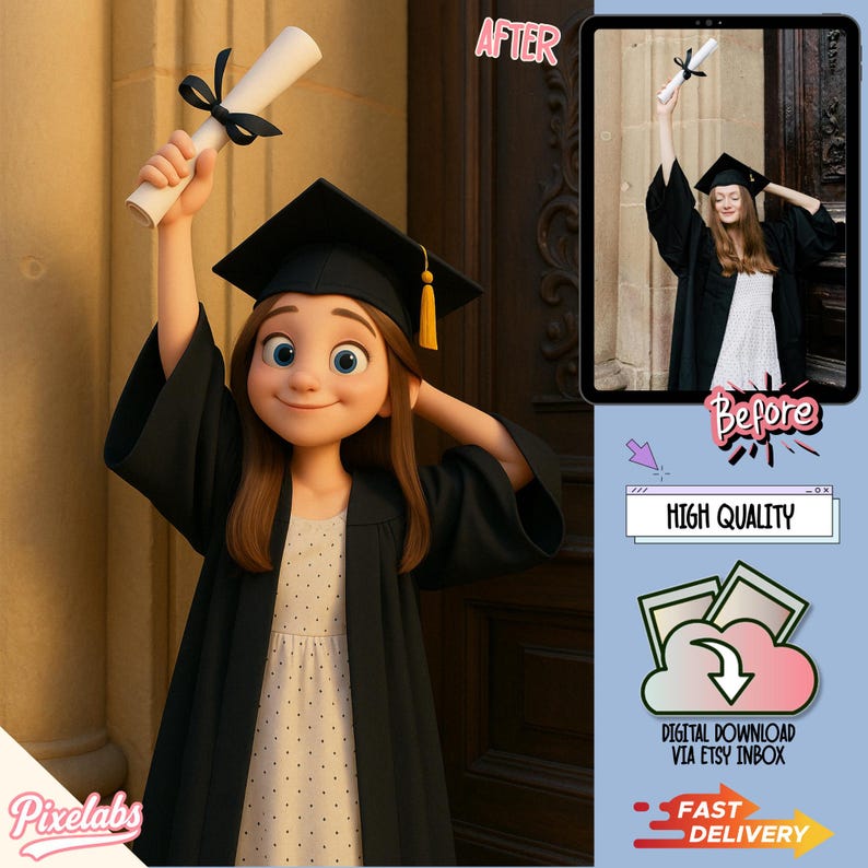 Pixar Style Graduation Portrait From Photo | Custom Cartoon Digital ...
