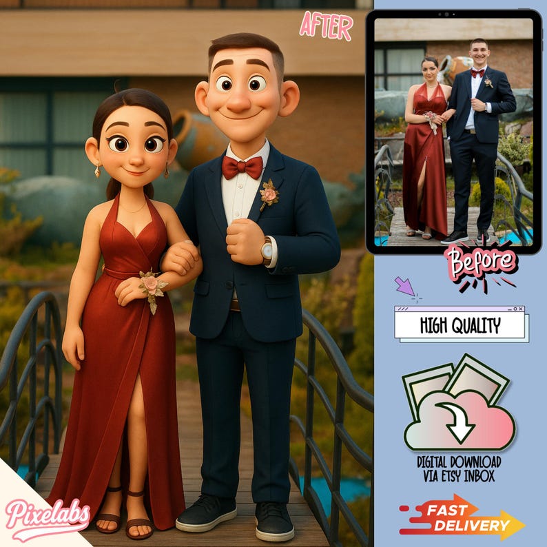 Custom Prom Pixar Style Portrait | Couple Cartoon Illustration ...