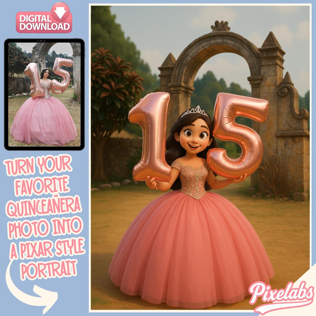 Custom Quinceñera Pixar Style Portrait | Cartoon Sweet 15 Photo ...