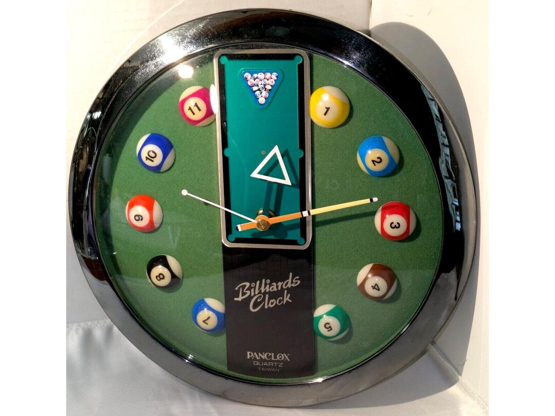 Vtg 1980s-90s Billiards Pool Table Balls Panclox QUARTZ Wall Clock Bar ...