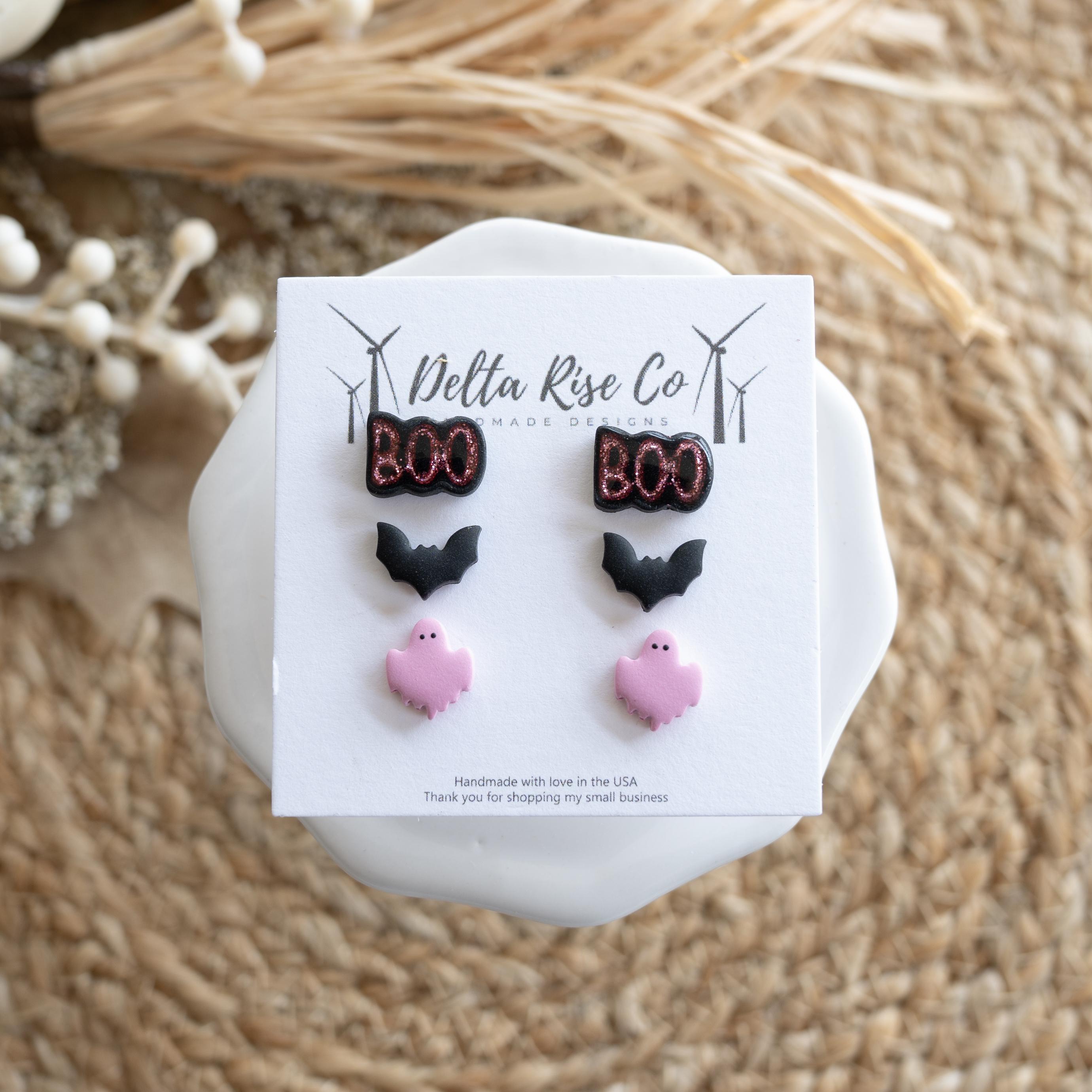 Pink BOO Halloween Stud Pack, Pink Ghost Earring Bat Earring, Pink ...