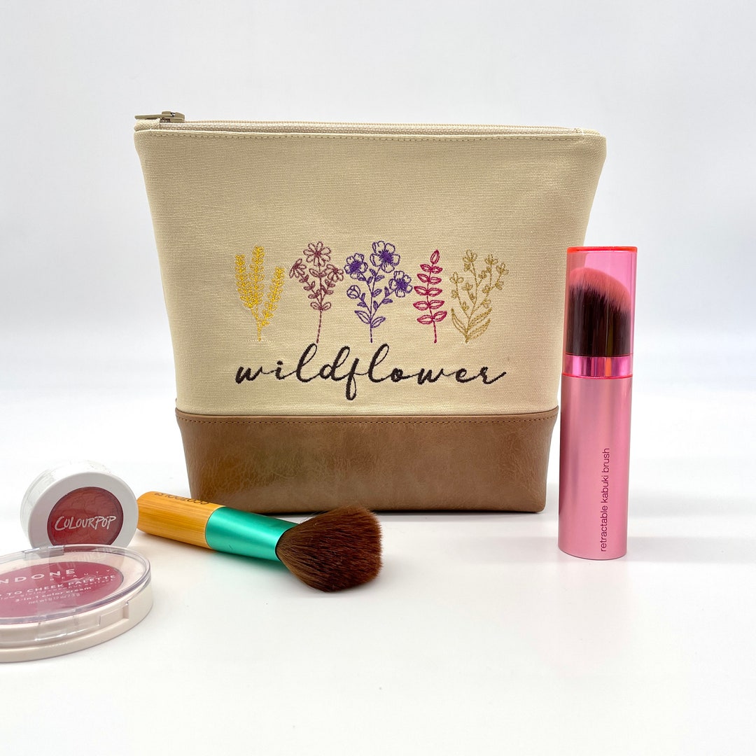 Embroidered Wildflowers Makeup Bag, Large Cotton Canvas Zipper Pouch ...