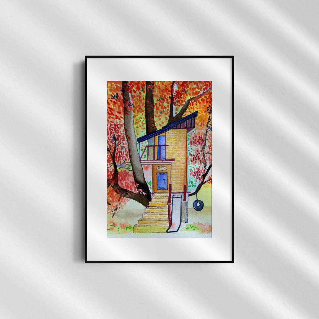 Tree House in Fall Watercolor Wall Art, Artistic Abode, House on a Tree ...