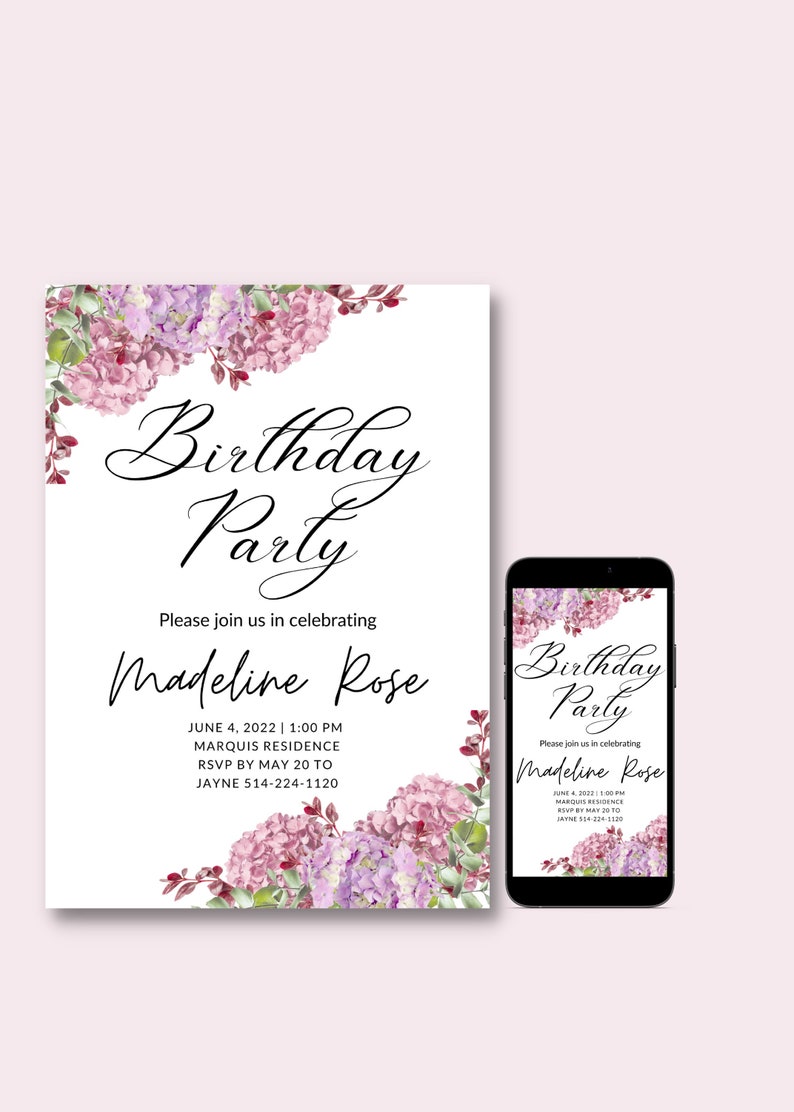 Birthday Party Invite, Birthday Invitation, Pretty Invitation, Floral ...