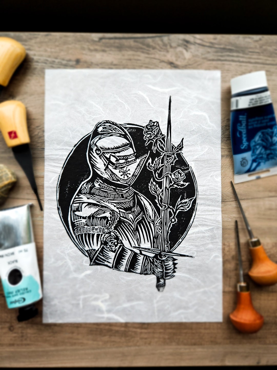 Knight of Swords Tarot 8x12 Linocut Print on Rice Paper, Block Print ...