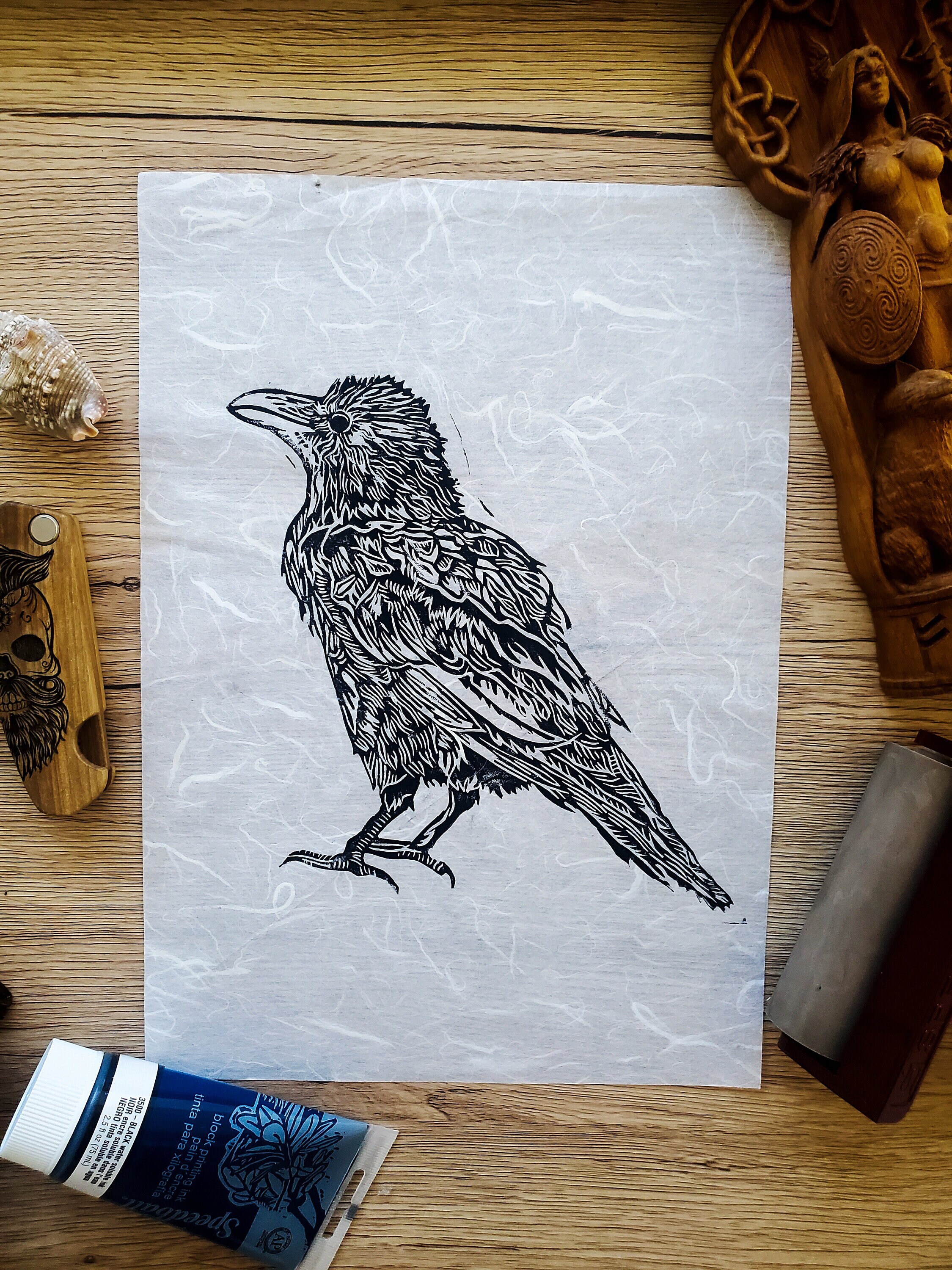 Raven Spirit 8x12 Linocut Print on Rice Paper, Block Print ...