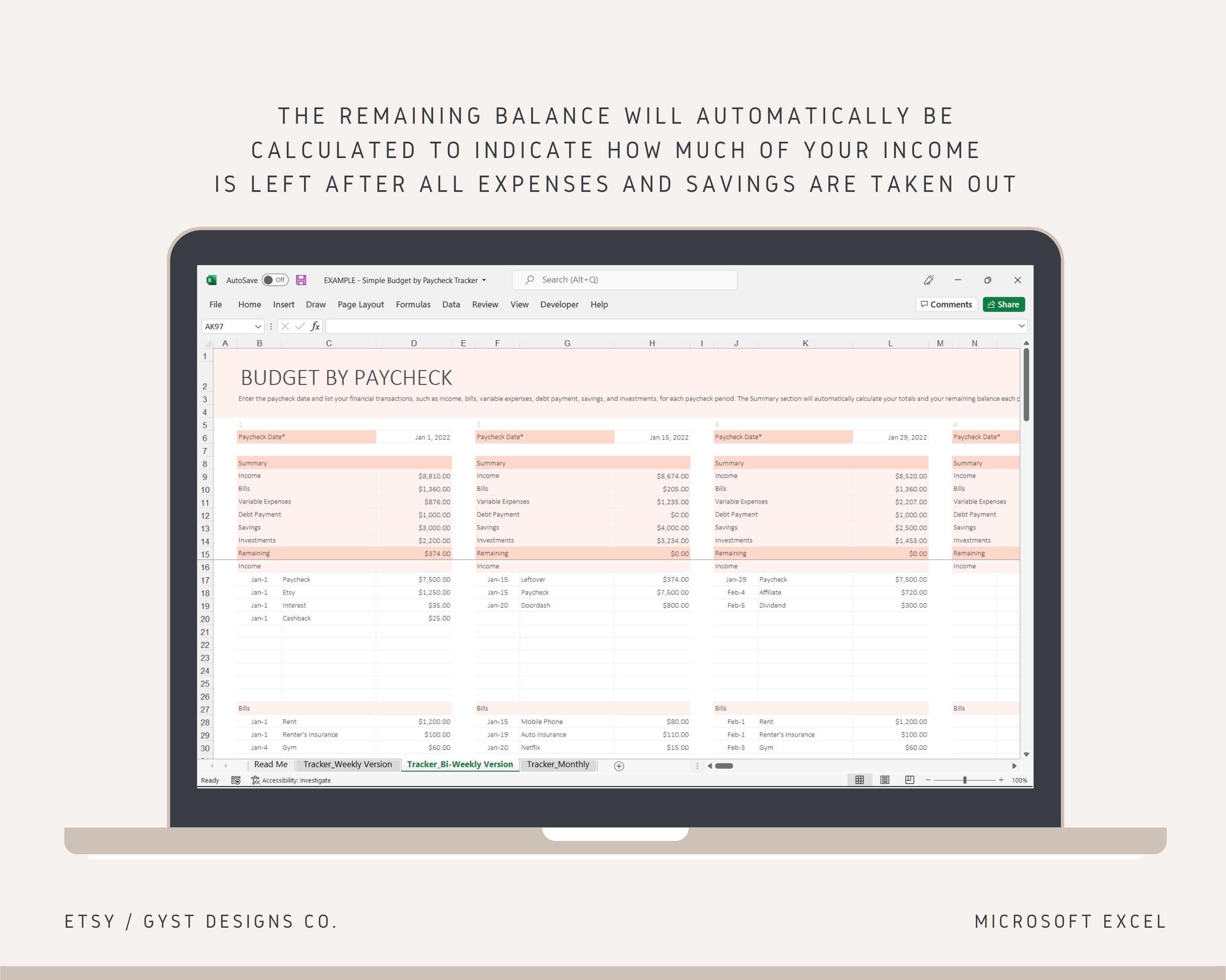 MS Excel Budget by Paycheck Spreadsheet, Bi-weekly Paycheck Tracker ...