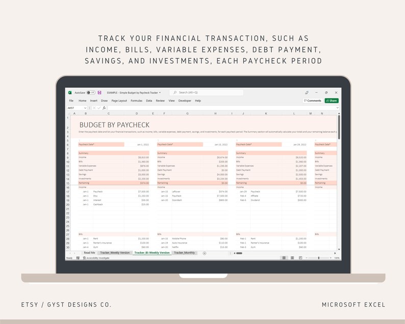 MS Excel Budget by Paycheck Spreadsheet, Bi-weekly Paycheck Tracker ...