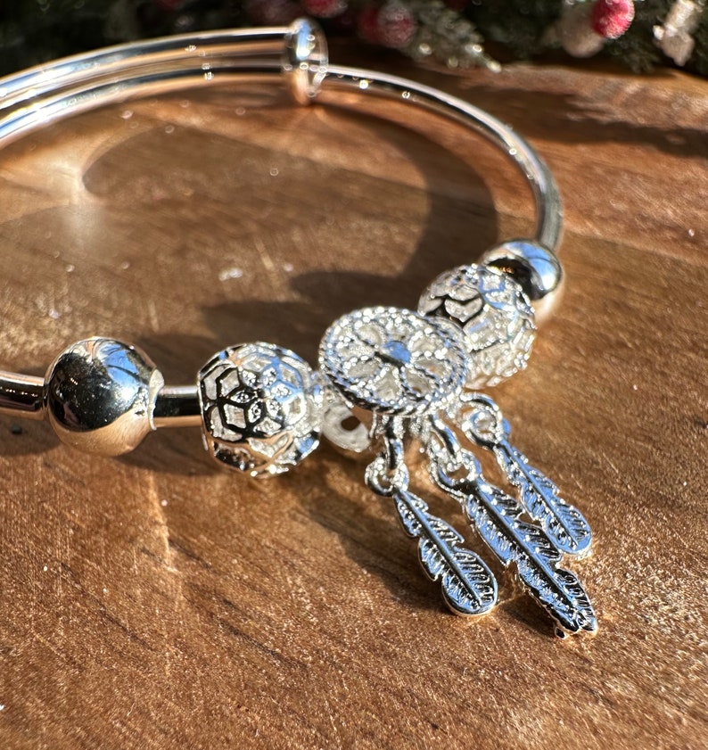 Dreamcatcher Charm Bracelet, Sterling Silver Feather Tassel Bangle ...