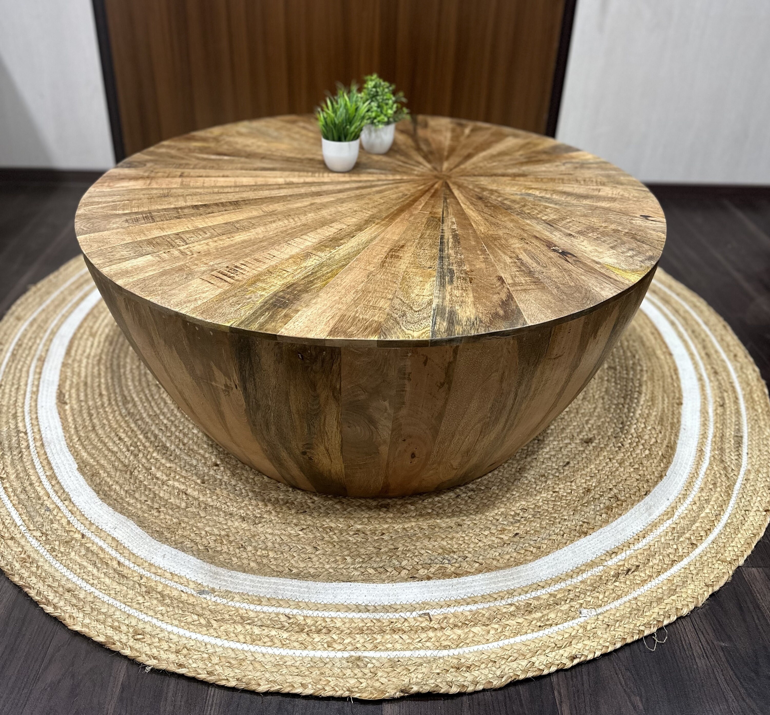 Round Wooden Drum Coffee Table Solid Wood Centre Table for Living Room ...