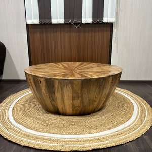 Round Wooden Drum Coffee Table Solid Wood Centre Table for Living Room ...