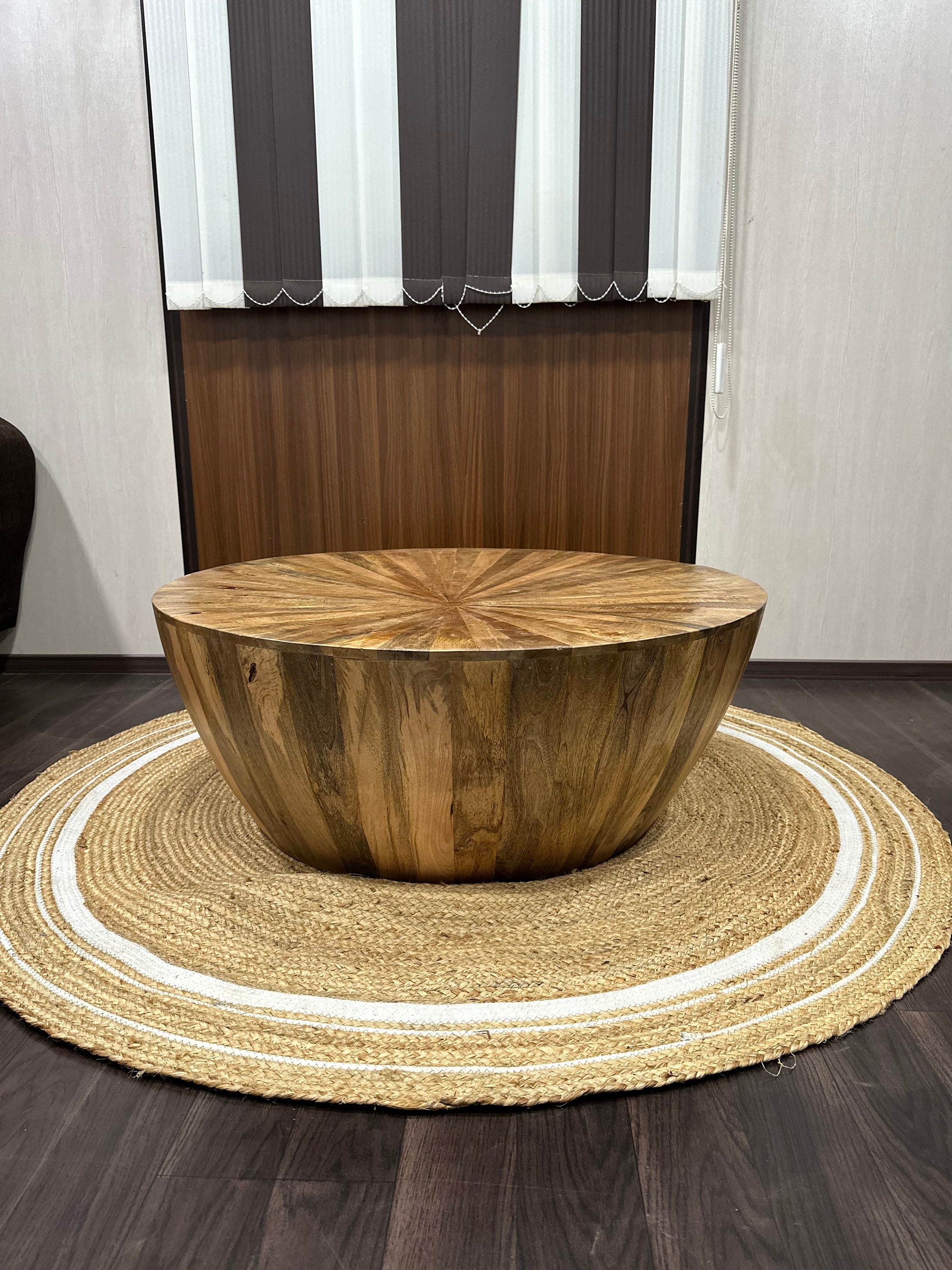 Round Wooden Drum Coffee Table Solid Wood Centre Table for Living Room ...