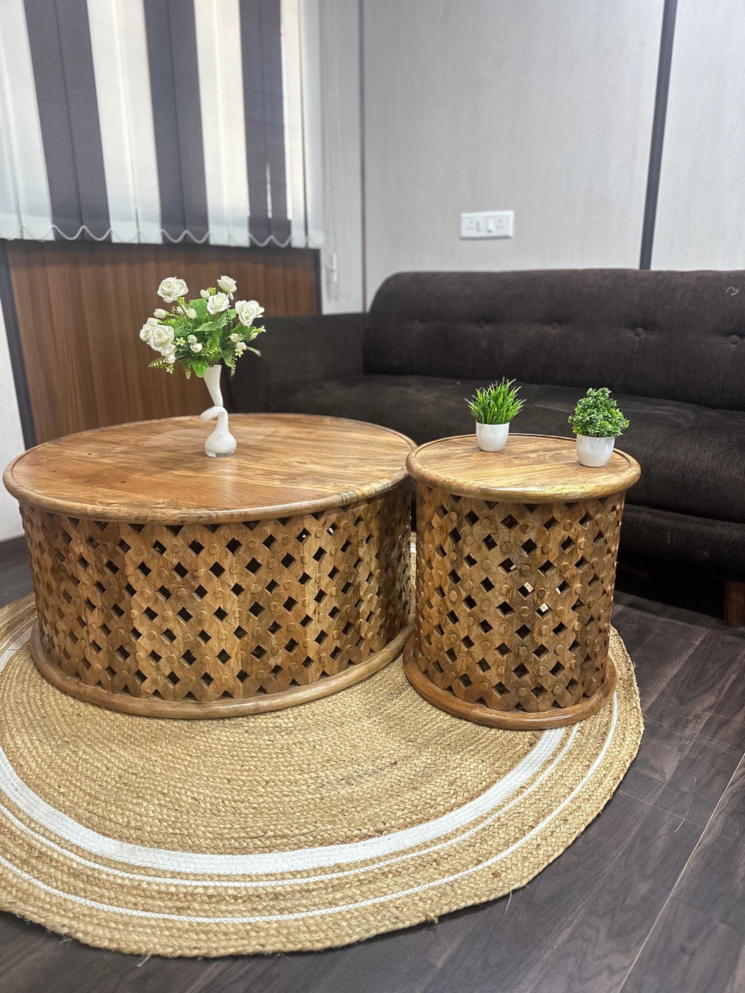 Handmade Mango Wood Coffee Table: Round Lattice Carved Indian Decor - Etsy