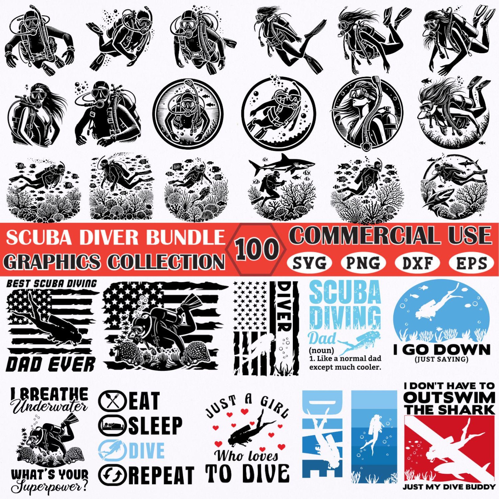 100 Scuba Diving SVG Bundle for Divers, Underwater Clipart Files, Ocean ...