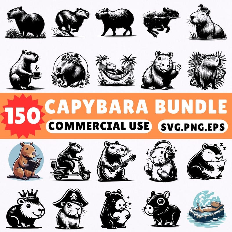 Capybara Black and White Clipart - Etsy