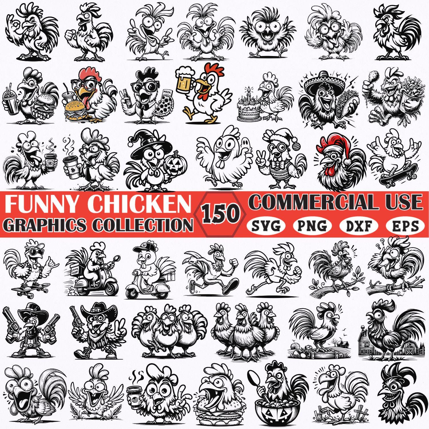Funny Chicken Clipart Bundle 150 Farm Animal Cartoon Graphics, Rooster ...