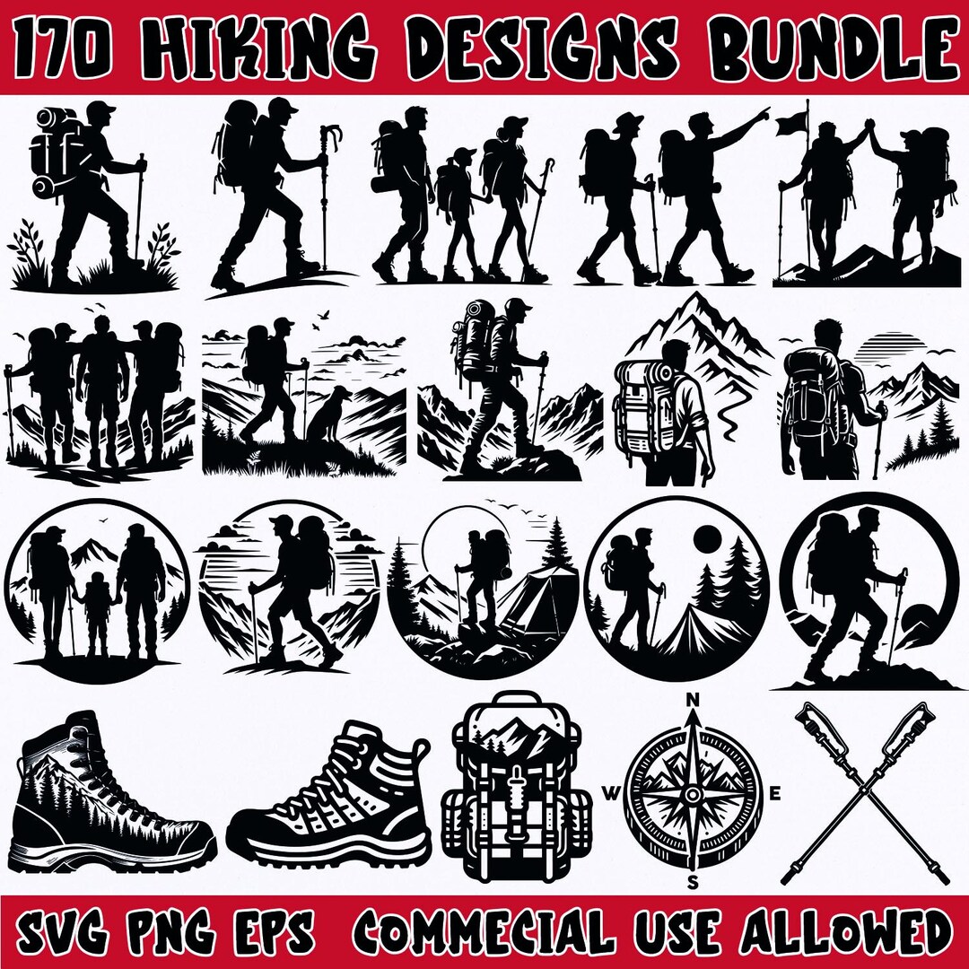 Hiking Designs Bundle and Mountains Hiking Silhouette Clipart | Outdoor ...