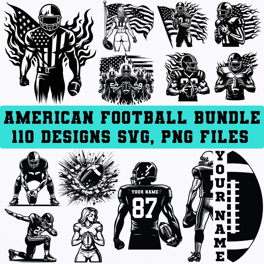 American Football SVG Bundle: 110 Player Silhouette Designs (PNG, SVG ...
