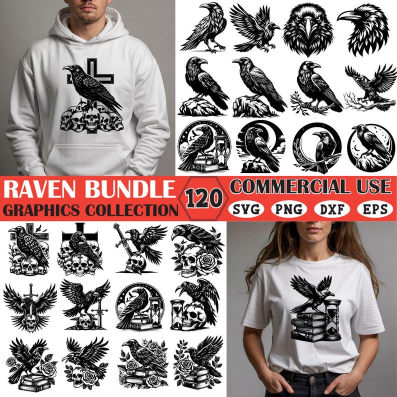 Gothic Raven SVG Bundle: Dark Tattoo & Shirt Designs (commercial Use ...