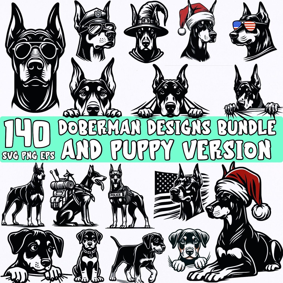 140 Doberman Designs Bundle SVG PNG EPS, Puppy Version Dog Clipart ...