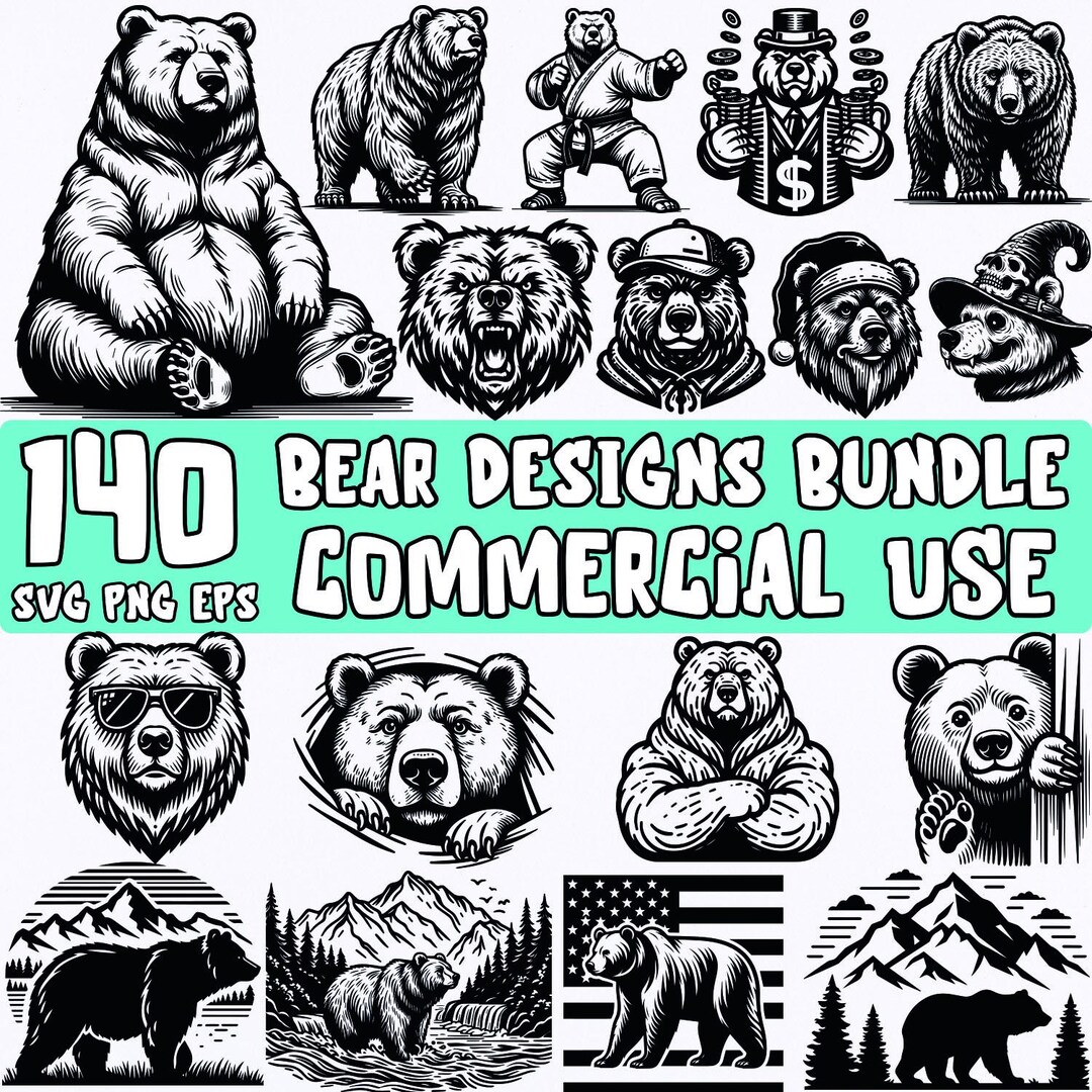 Bear SVG Design Bundle - Bear Clipart, Wild Animal PNG, Grizzly Bear ...