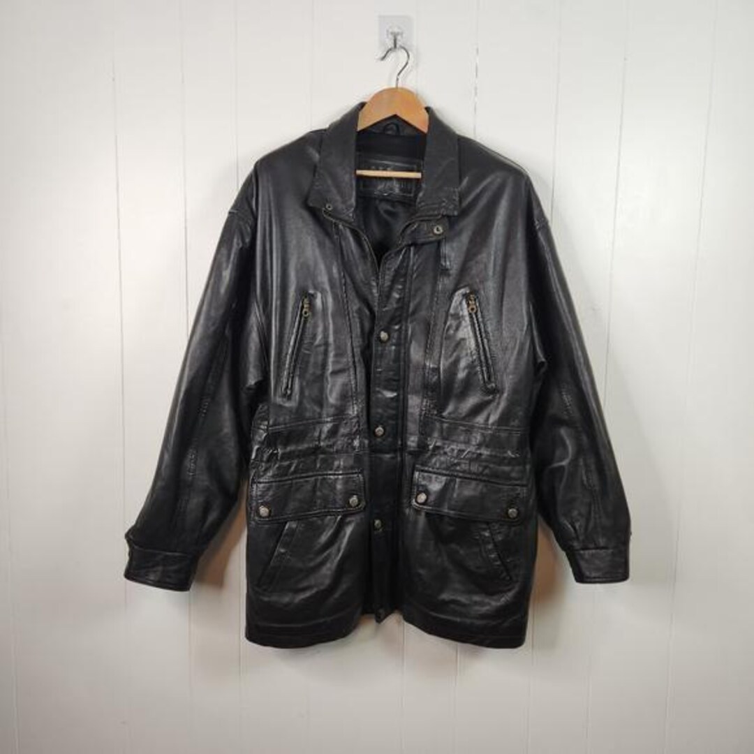 Vintage Mens Black Leather Long Midi Jacket Pockets 90s 1990s Grunge ...